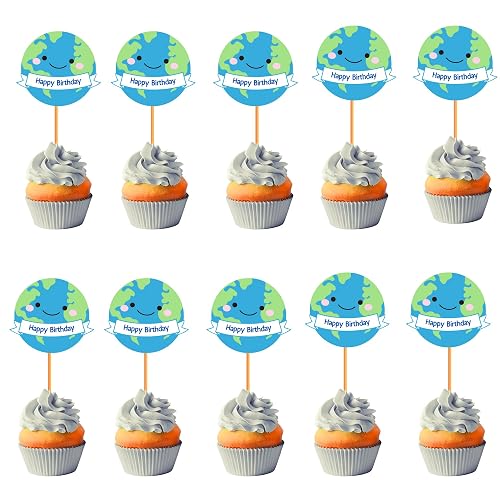 Amazon.com: 12 pcs Happy Earth Happy Birthday Themed Birthday Cupcake ...