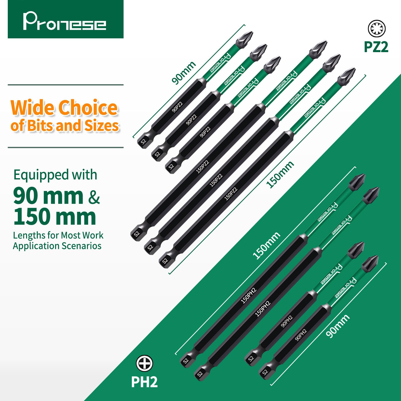 Pronese 10 pcs 150 mm and 90 mm PZ2 & PH2 Magnetic Impact Driver Bits ...