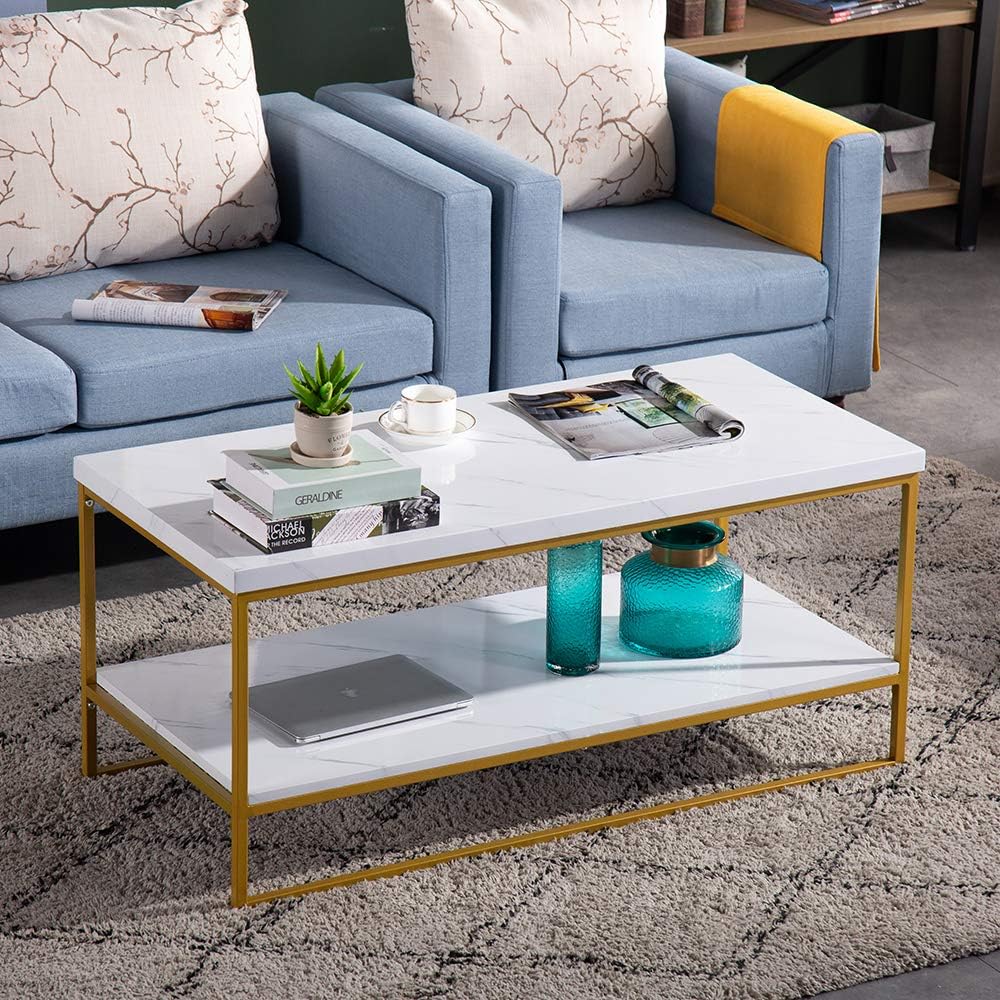 Amazon.com: Bonnlo Faux Marble Gold Coffee Table, 41.7" Marble Coffee ...