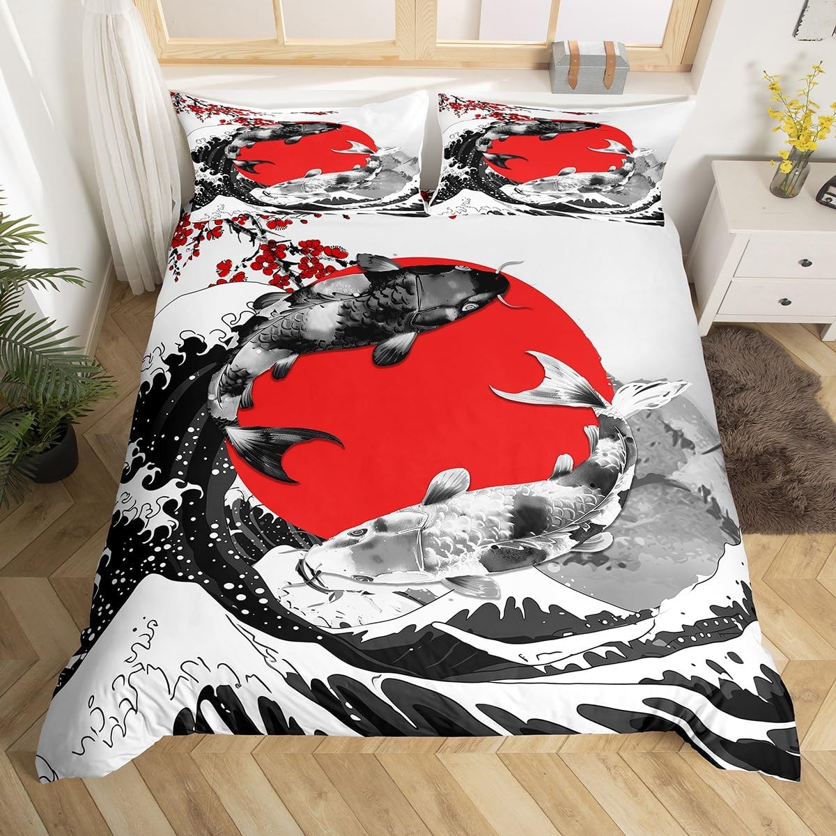 Amazon.com: Mount Fuji Comforter Cover Japanese Style Koi Fish Bed Sets ...