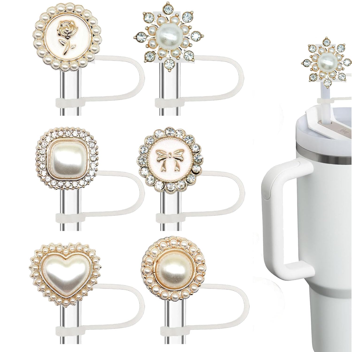 Amazon.com: 6PCS Straw Cover Cap for Stanley Cup 30-40 oz,White Pearl ...