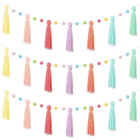 Amazon.com: 3 Pcs Colorful Rainbow Boho Tassel Garland Pom Pom ...