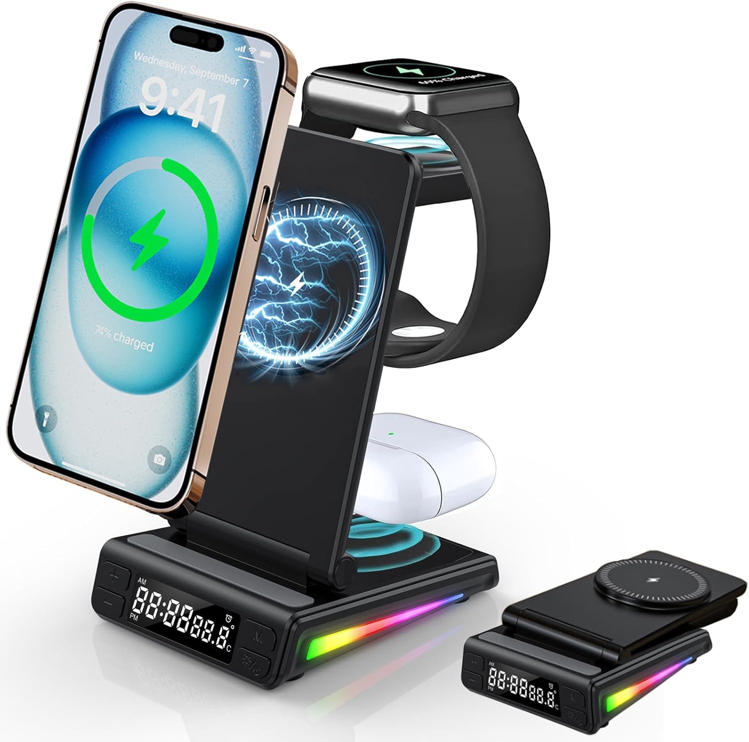 BAKEWAY Cargador Inalámbrico Magnético 5 en 1, 15W Carga Rápido Carga Inalámbrico,con lámpara ...