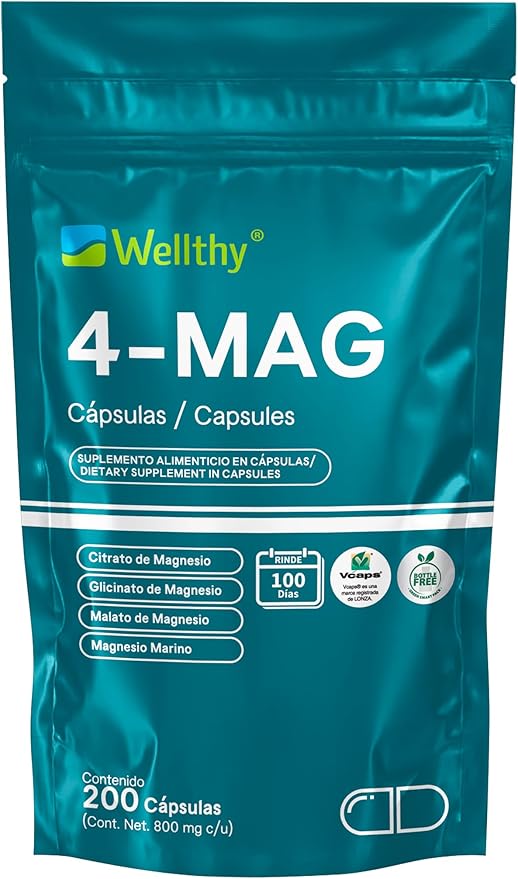 Wellthy 4-MAG Magnesio Complex 200 Cápsulas. Equivalente a 360mg de Magnesio. Citrato de ...