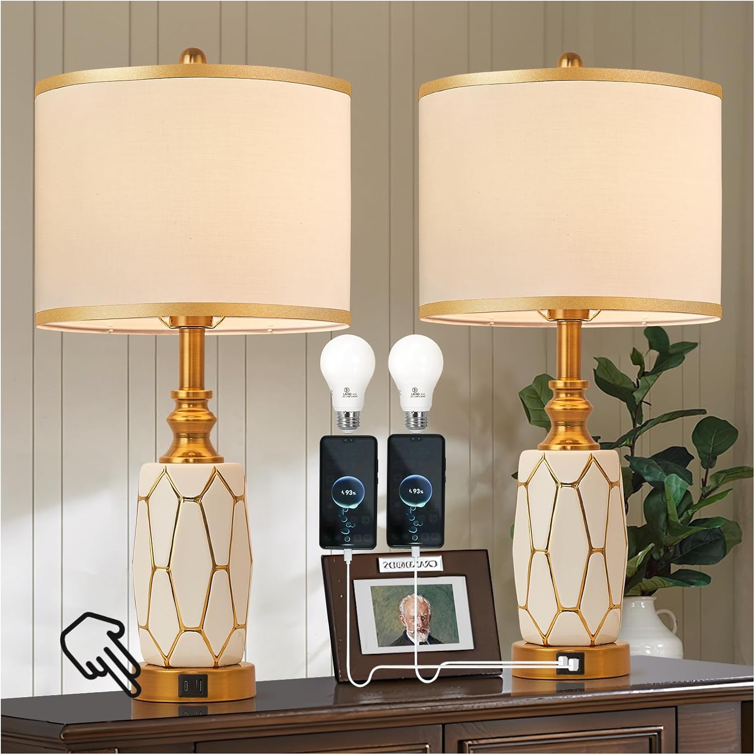 workluurop Set of 2 Touch Control Table Lamps for Bedroom Livingroom ...