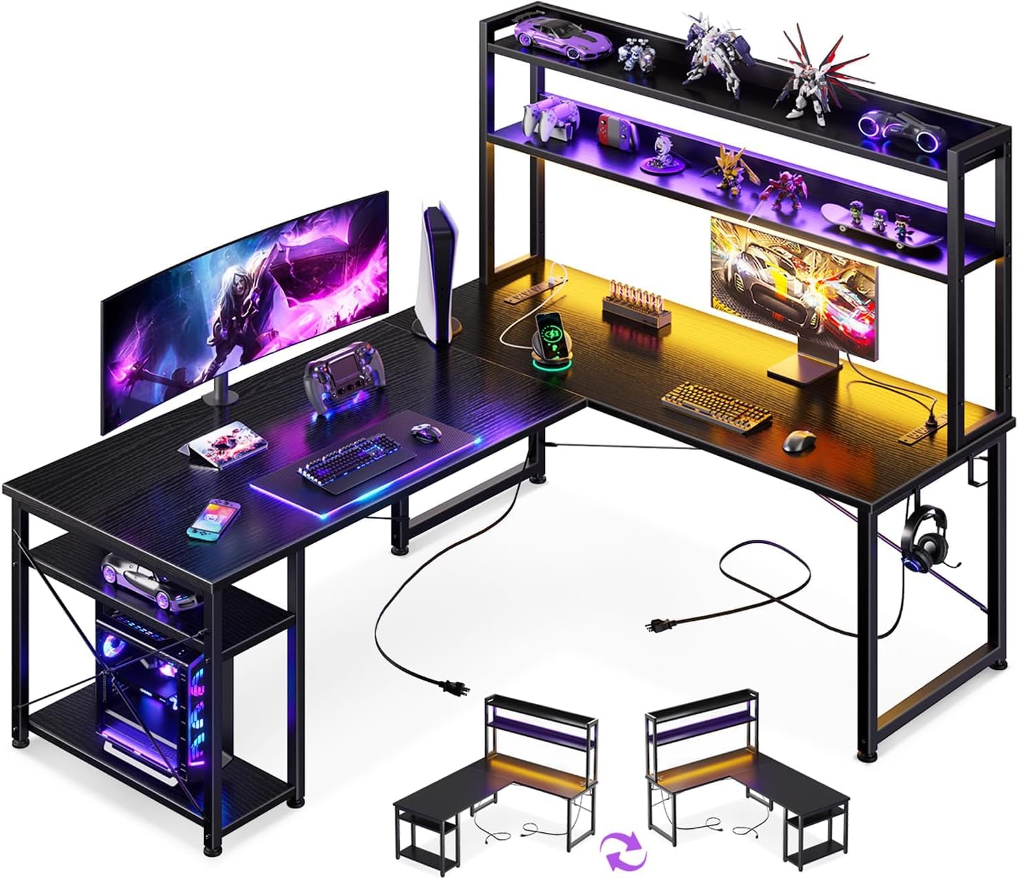 Amazon.com: AODK L Shaped Gaming Desk with Hutch & 2 Power Outlets & 2 ...