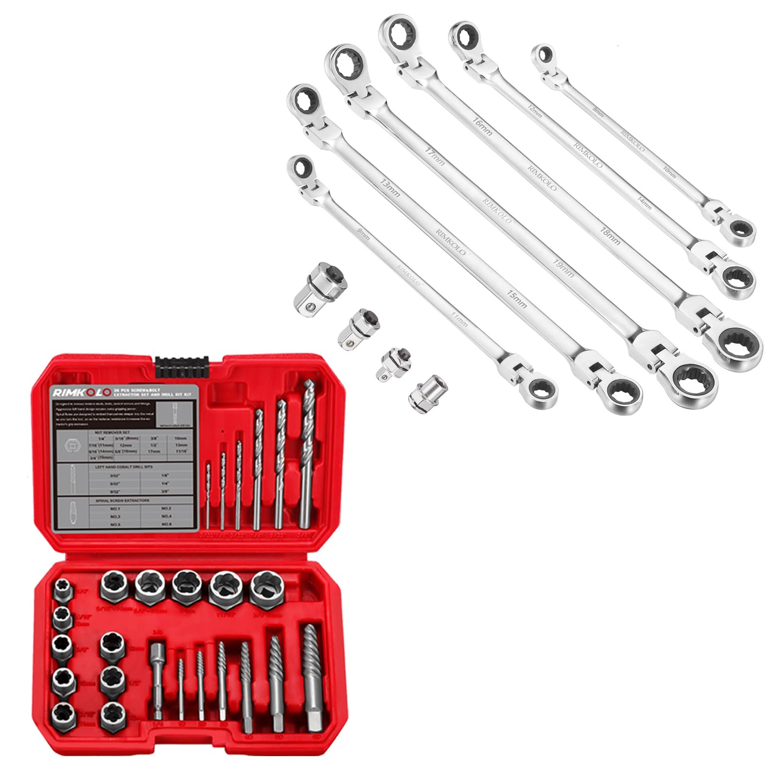 RIMKOLO 6-Piece Extra Long Flex-Head Ratcheting Wrench Set & 26-Piece ...
