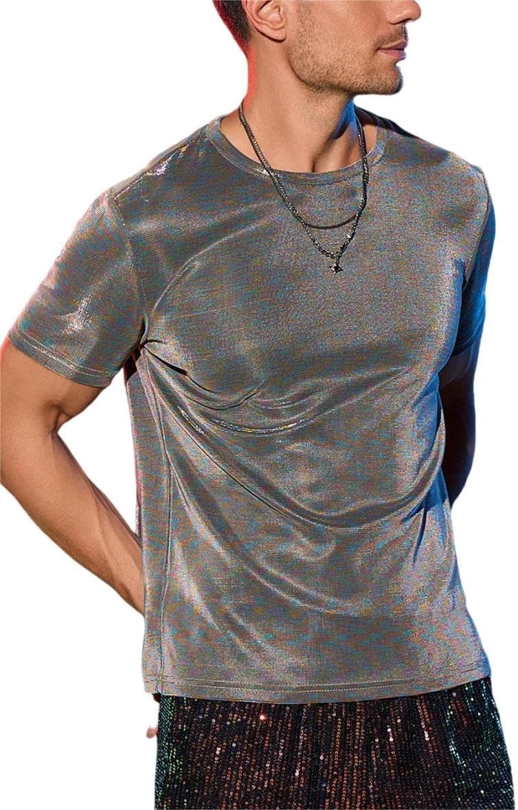 WDIRARA Men's Metallic T Shirt Holographic Round Neck Short Sleeve ...