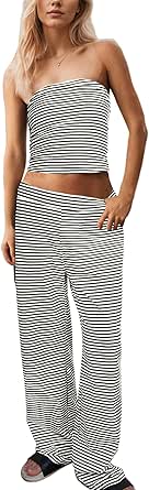 MSBESYOR Women Sailor Tube Top Set 2 Piece Outfits Striped Strapless ...