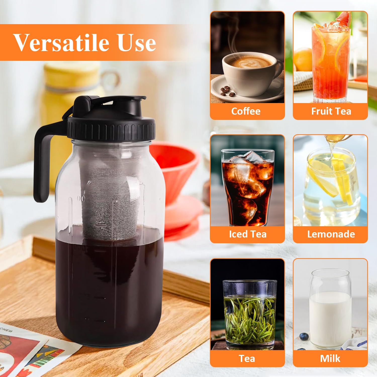 Snapklik.com : Cold Brew Coffee Maker, 64OZ Wide Mouth Mason Jar Pitcher