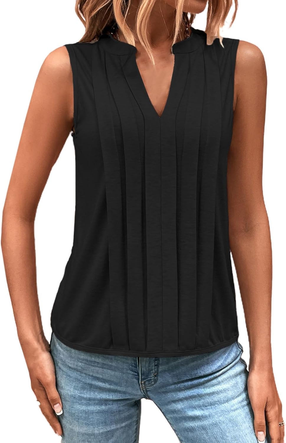 Avanova Women's V Neck Sleeveless Tank Top Pleated Front Work Blouse ...