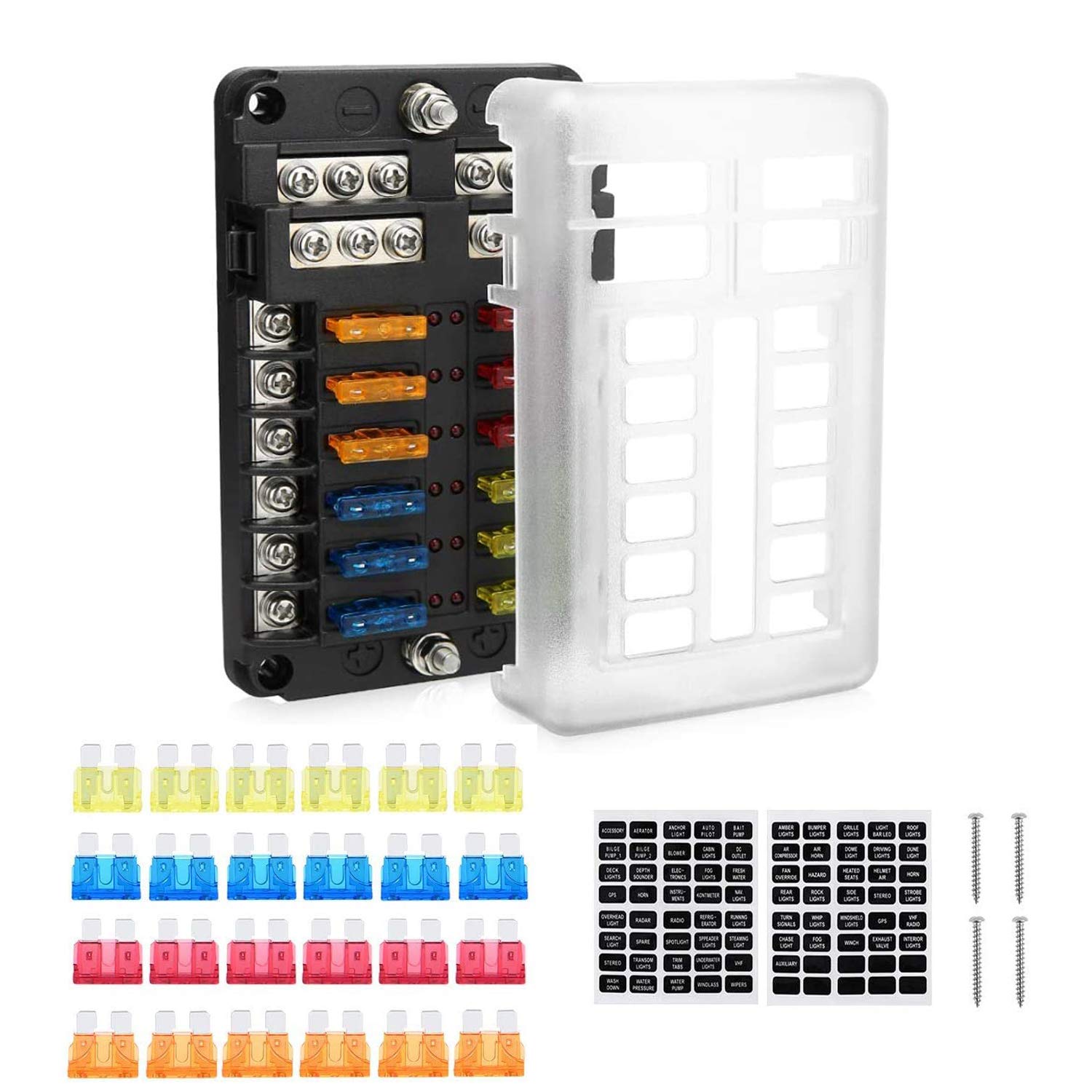 Buy 12V Fuse Box, 12-Way Blade Fuse Block with LED Indicator, 12 ...