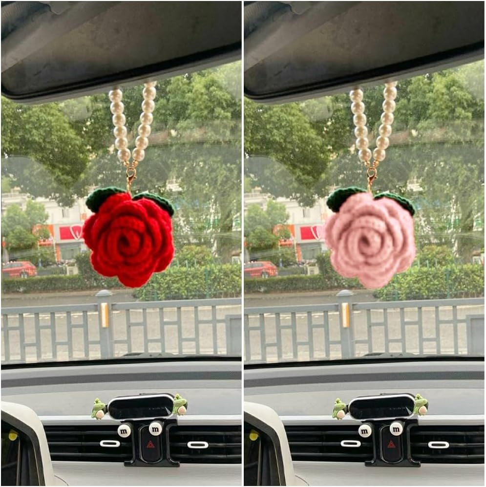 Amazon.com: WAYUTO 2Pcs Pink Red Rose Crochet Flower Car Mirror Hanging ...