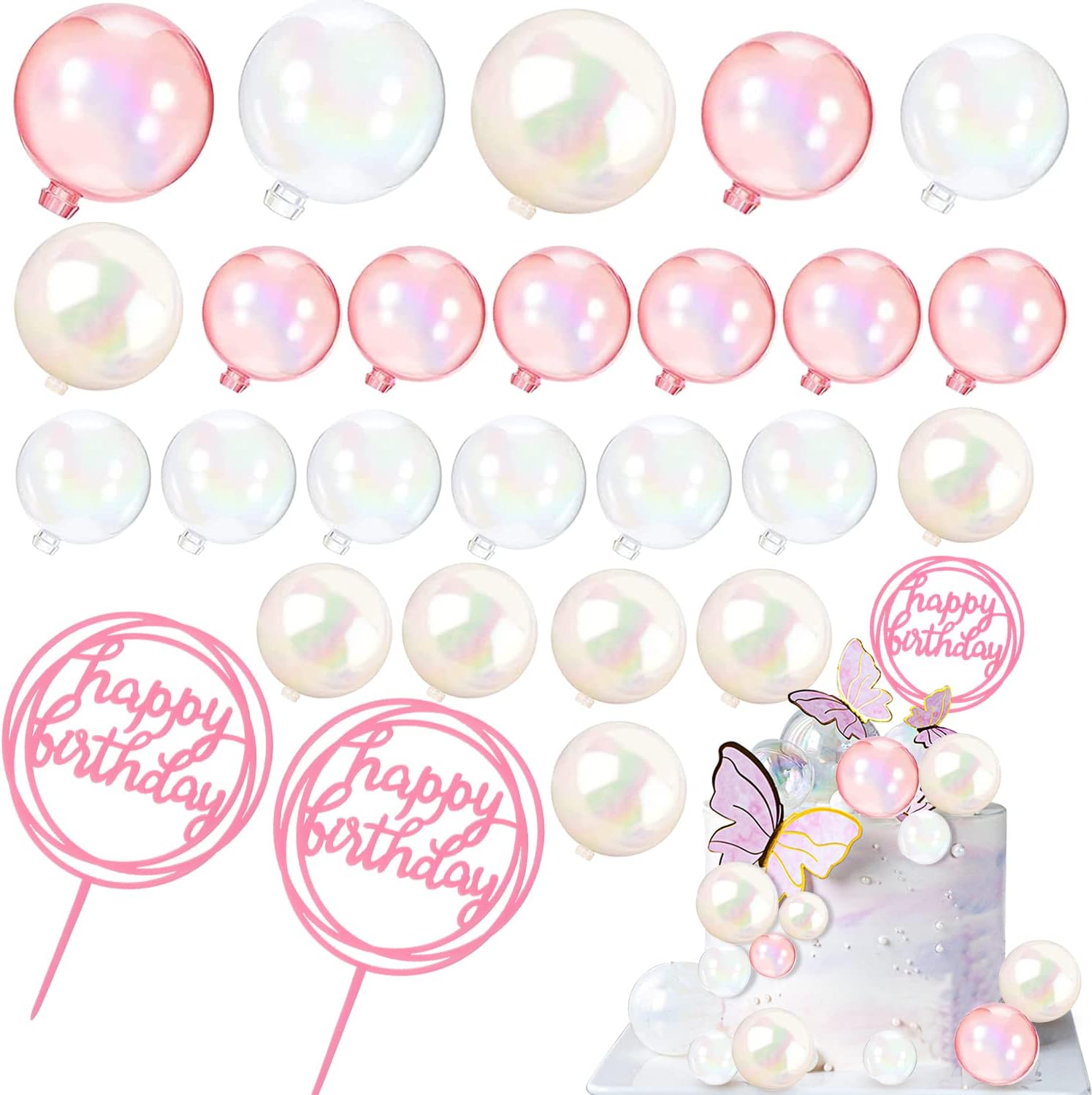 RNHDLY 26Pcs Colorful Balls Cake Toppers, Clear White Pink Mini Ballon ...
