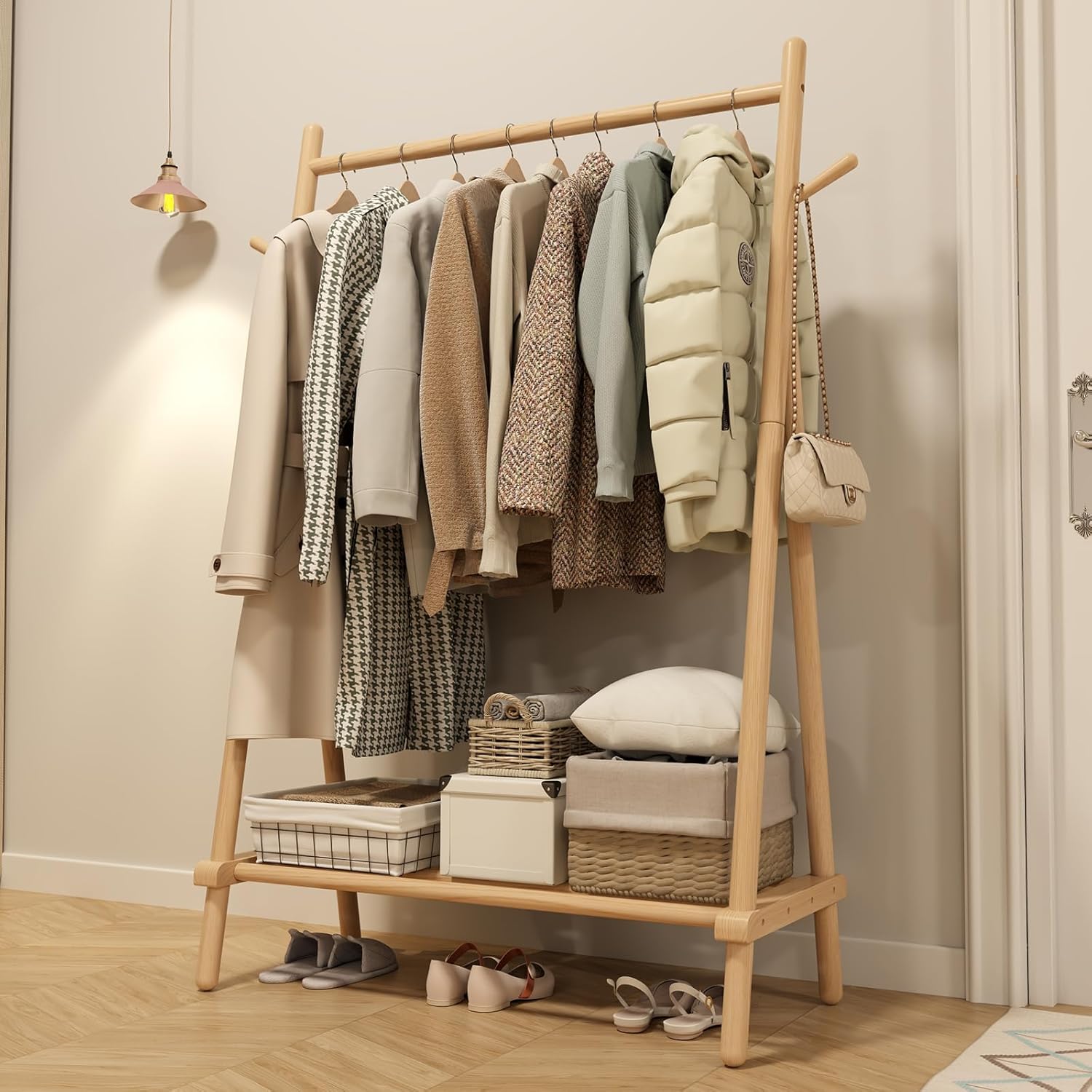 Amazon.com: KASLANDI Solid Wood Clothes Rack, Clothing Rack with Shelf ...