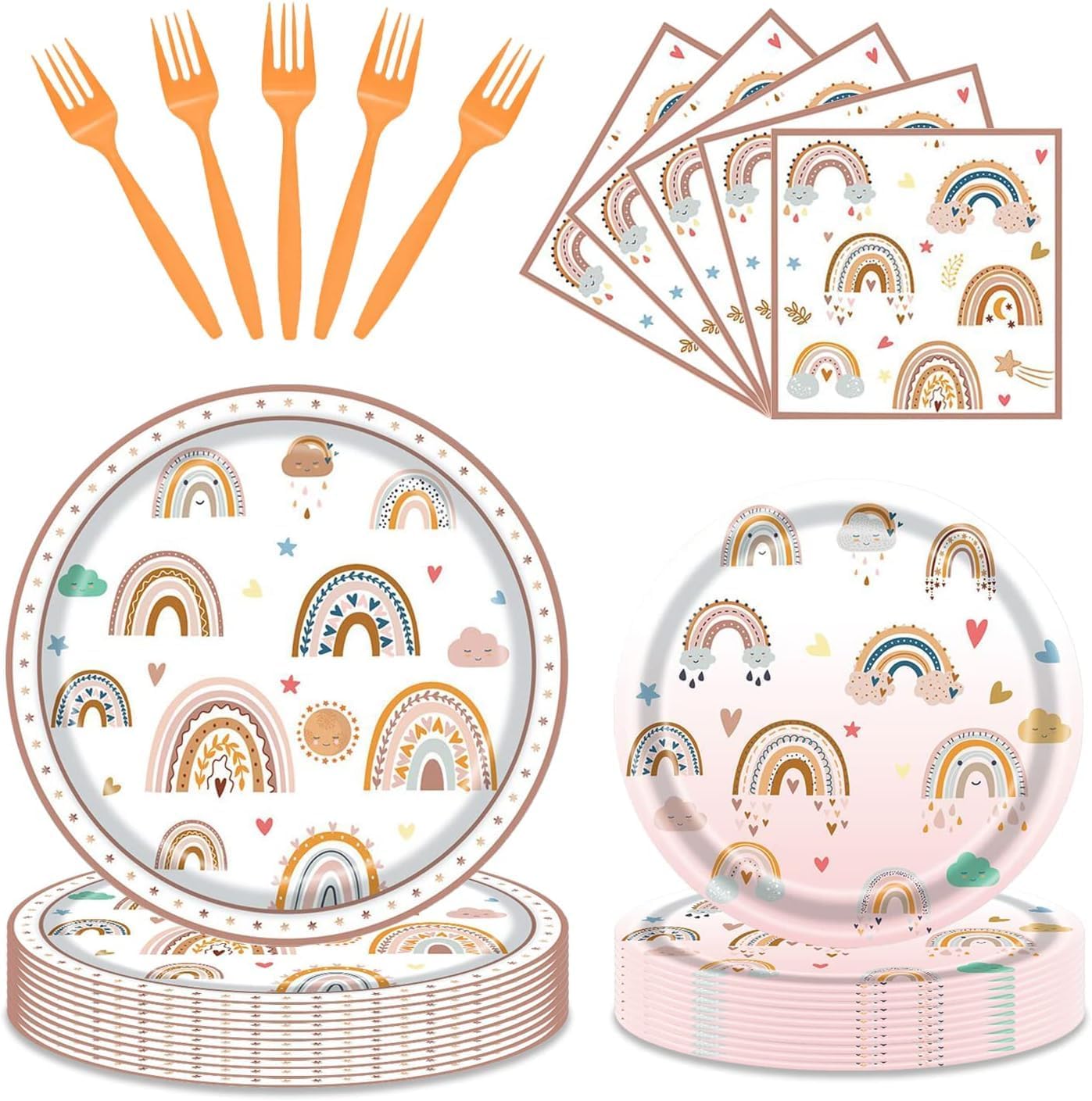 Amazon.com: 96 Pcs Boho Rainbow Party Tableware Set,1st Birthday Party ...