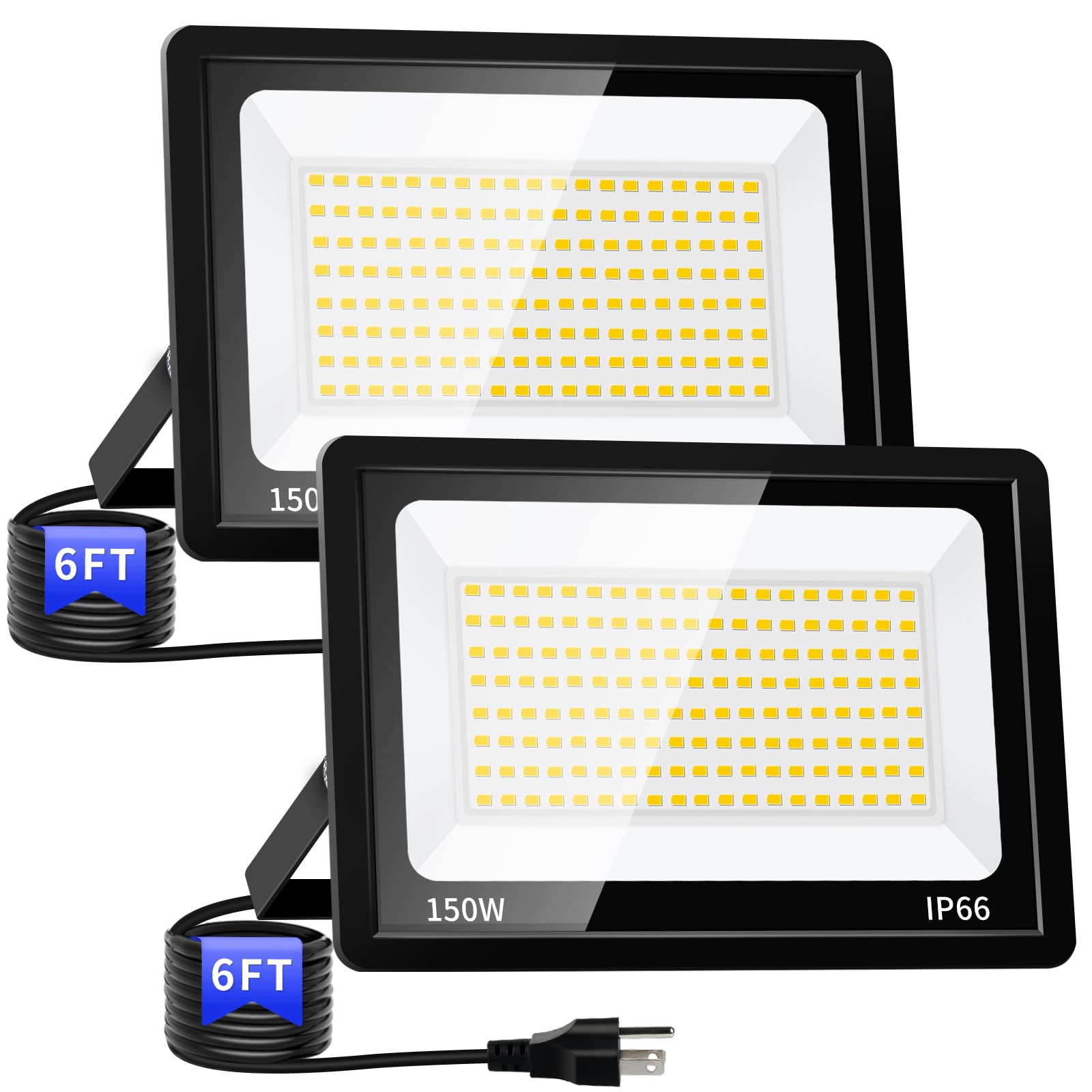 150W LED Outdoor Flood Lights with Plug, 18000lm Bright Work Light with ...