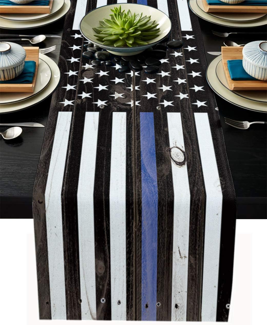 Amazon.com: Thin Blue Line Rustic Table Runner-Cotton Linen-Long 90 ...