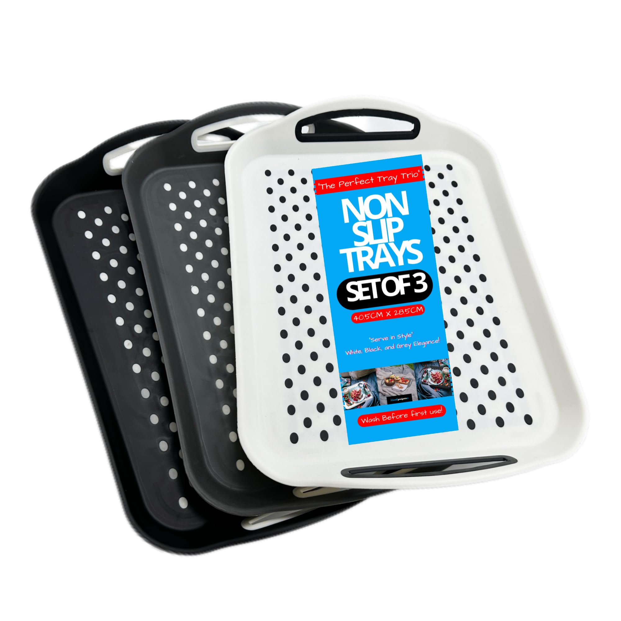 (Set of 3) Non Slip Serving Tray with Handles, Silicone Gripping Nubs ...
