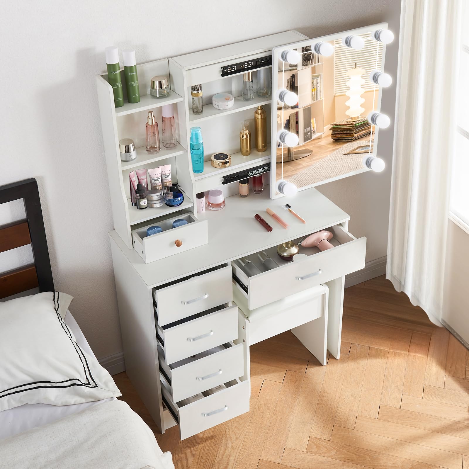 Amazon.com: onesaimei Vanity Desk with Sliding Mirror and Light, Makeup ...