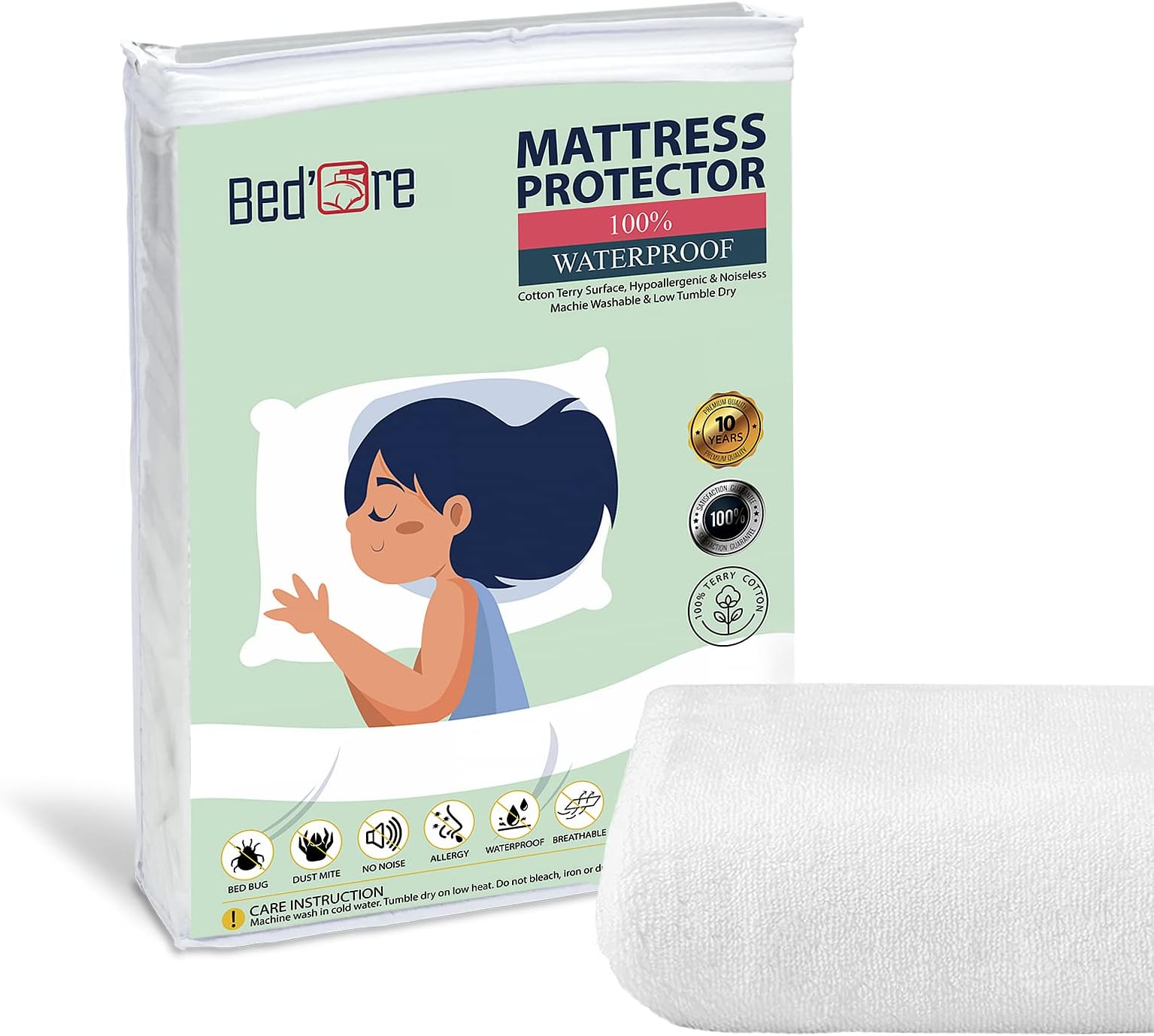 Bed'Ore Waterproof Single Mattress Protector 100% Cotton Terry Top ...