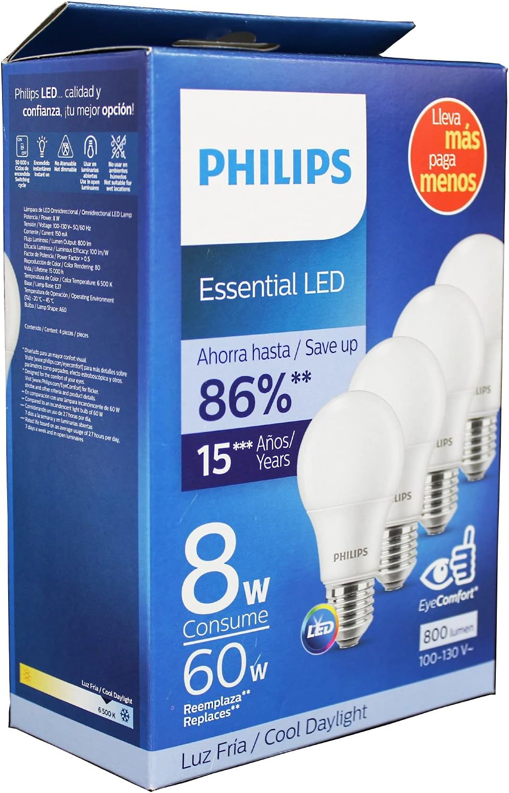 Philips LED Paquete de 8 Focos A19 de Luz Fría 6500K - 8W con base E27 ...