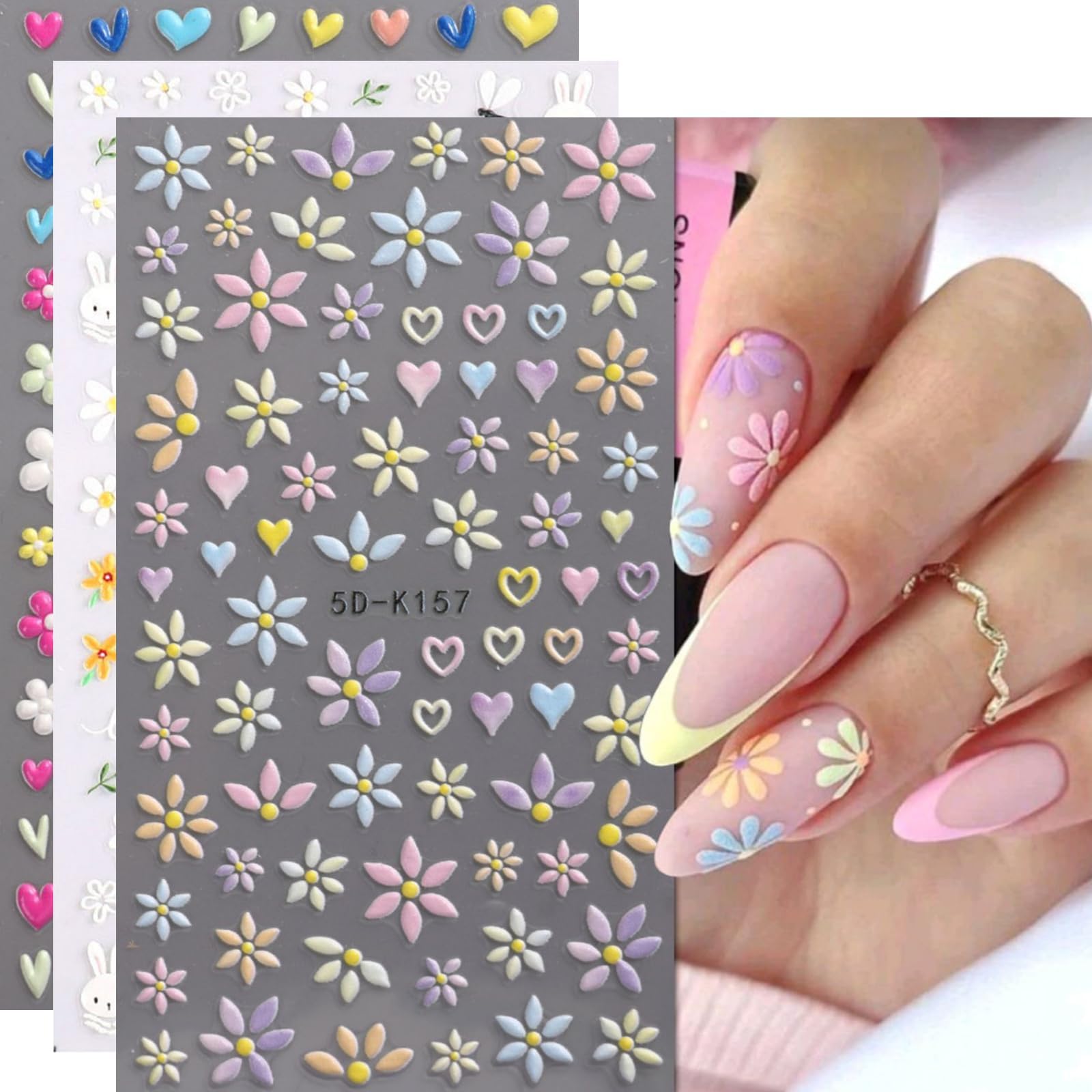 Amazon.com: 3 Sheets Flower Art Stickers 5D Spring Daisy Nail Art ...