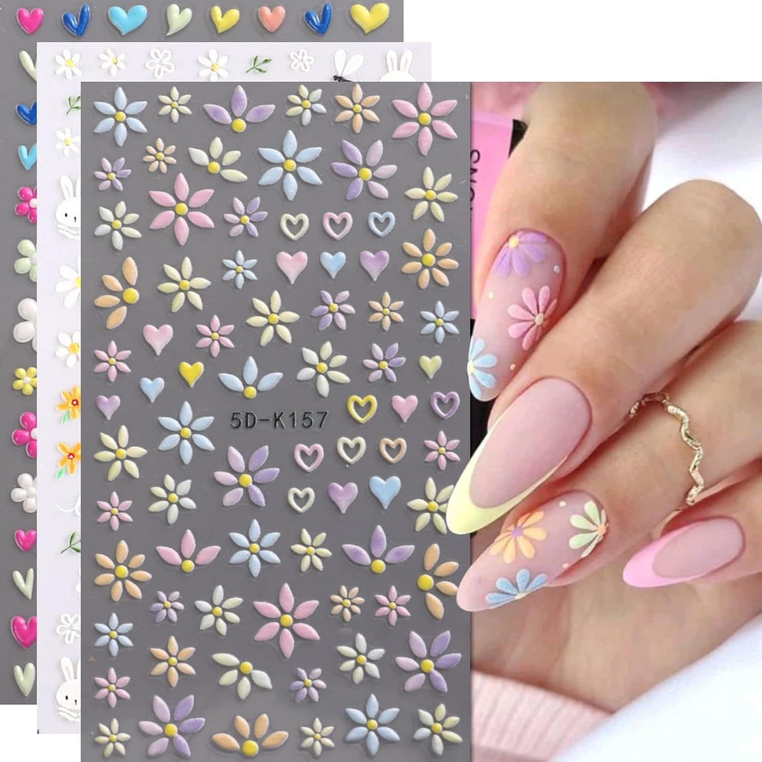 Amazon.com: 3 Sheets Flower Art Stickers 5D Spring Daisy Nail Art ...