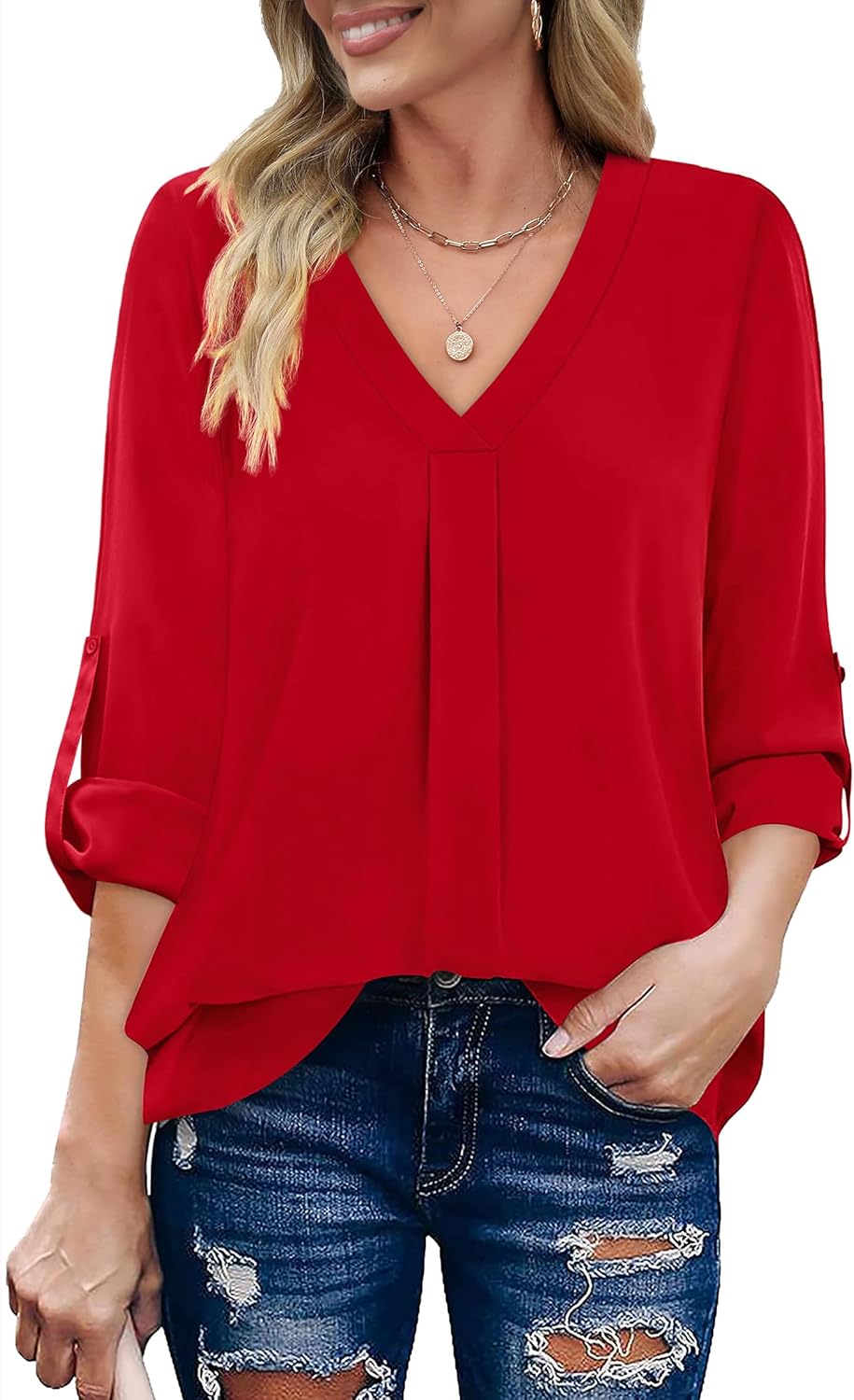 Womens Blouses and Tops Dressy 3/4 Sleeve Chiffon Tops Pleated ...