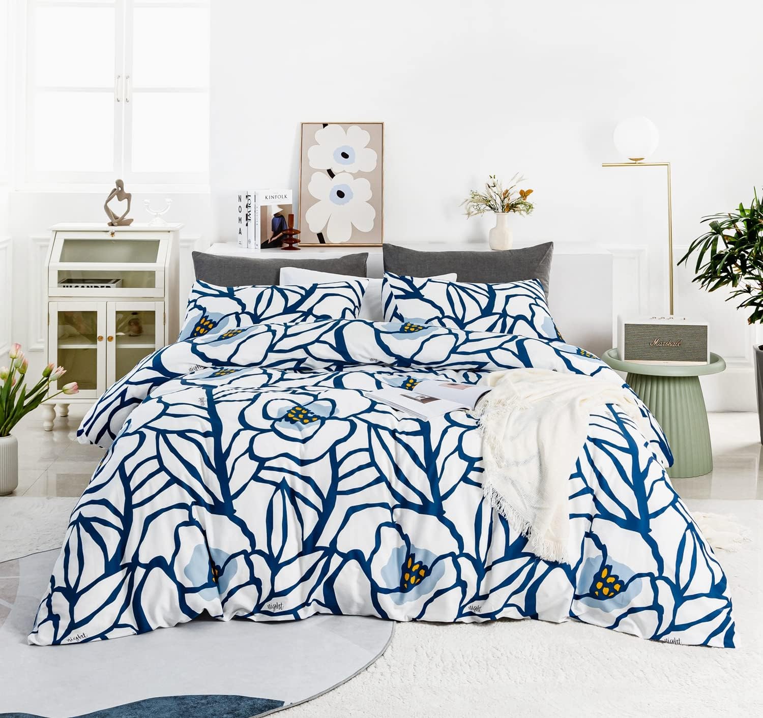 Amazon.com: YuHeGuoJi White Blue Botanical Duvet Cover King 100% Cotton ...