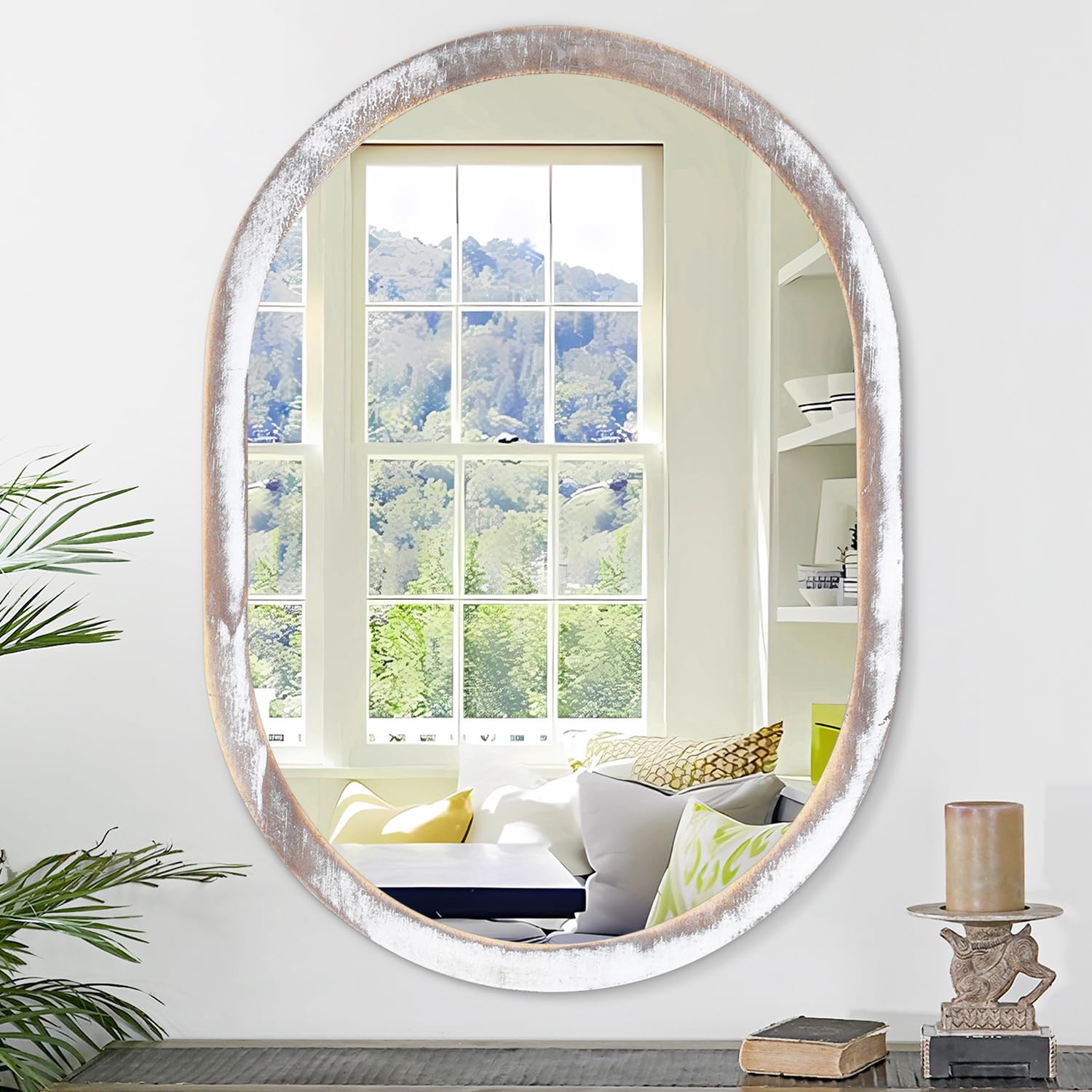Amazon.com: Large Oval Wood Mirror 26 x 18 Inch, Wall Framed Bathroom ...