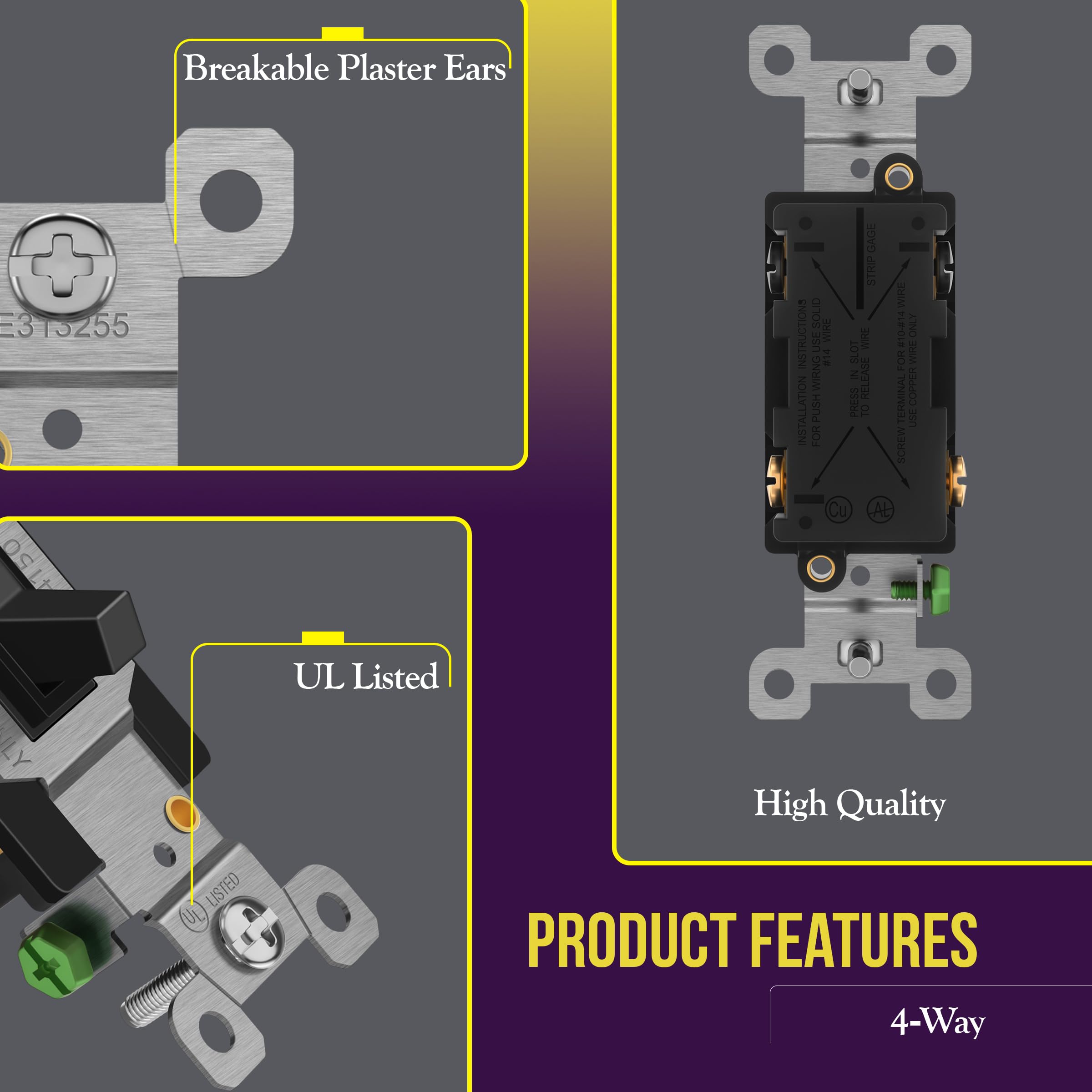 Snapklik.com : 4-Way Toggle Light Switch, Four Way, Side Wiring, Copper ...