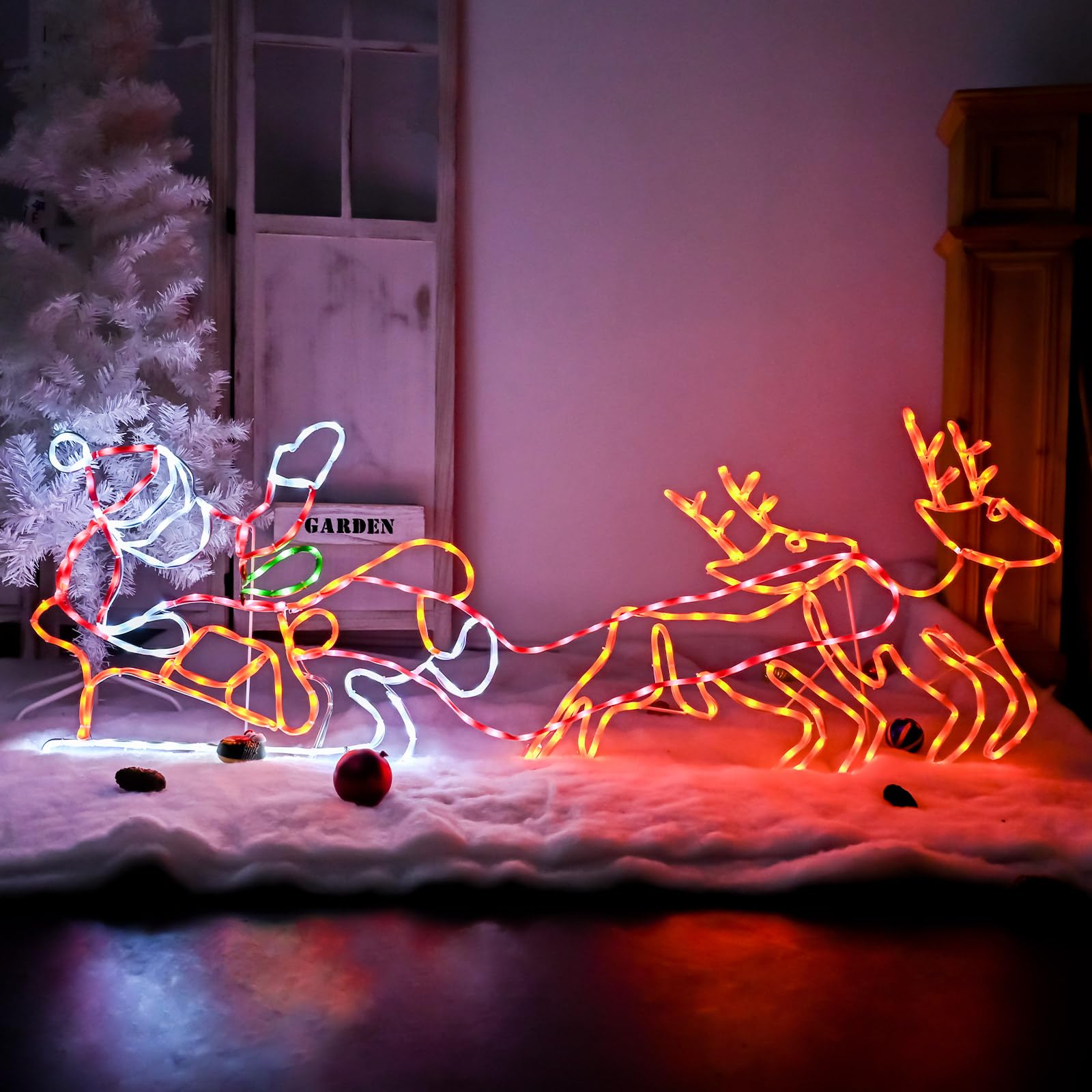 315 LED Santa Sleigh and Reindeer Lights, Christmas Lighted Neon Sign ...