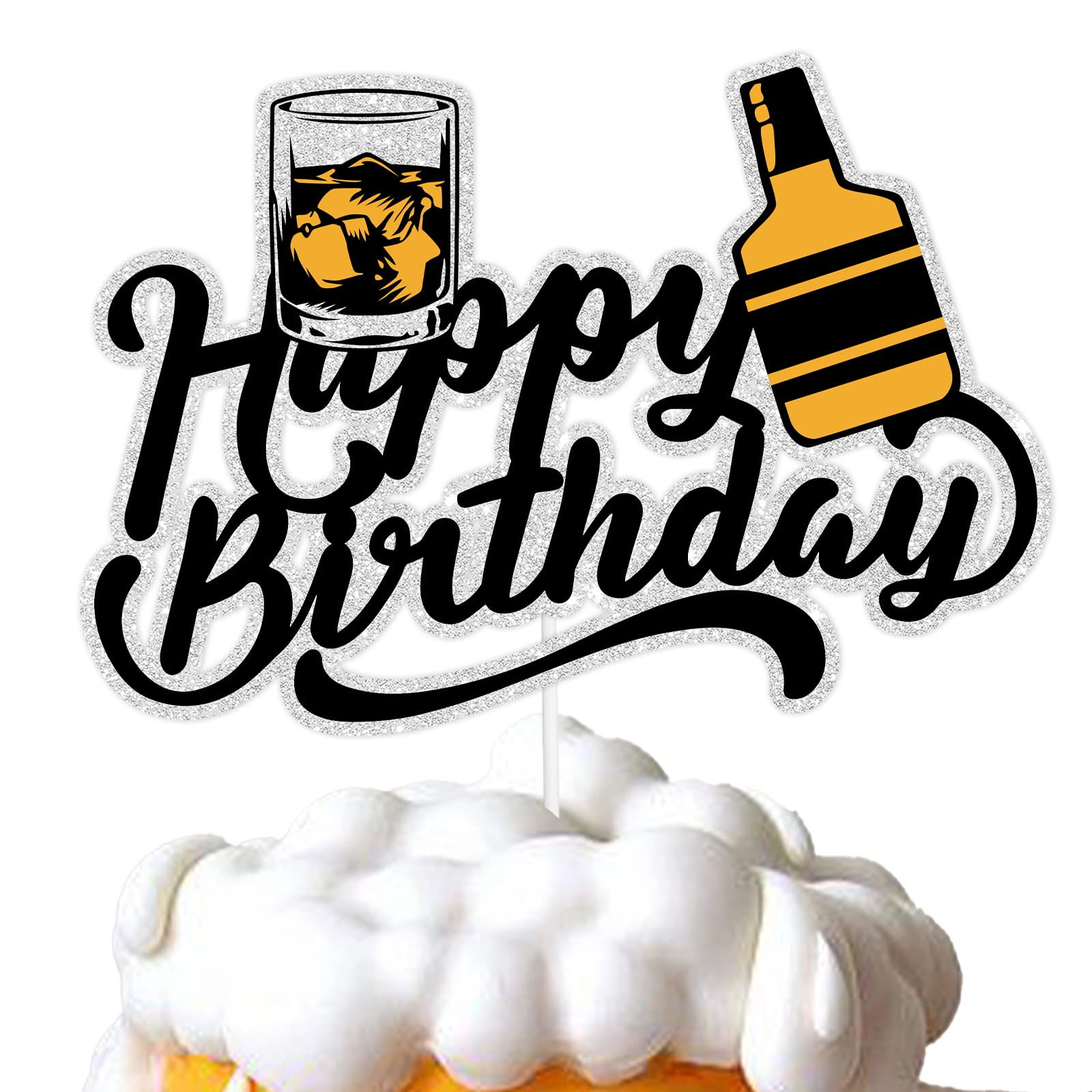 Happy Birthday Cake Topper Whisky Party Decorations Black Glitter ...