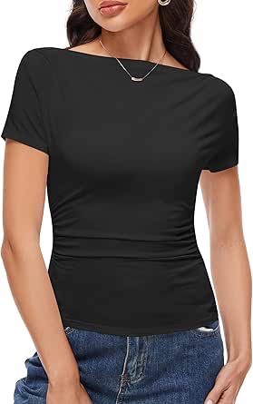 Rapbin Women Summer Basic Tops Fitted Short Sleeve Shirt Off Shoulder Boat Neck T Shirts Tight ...