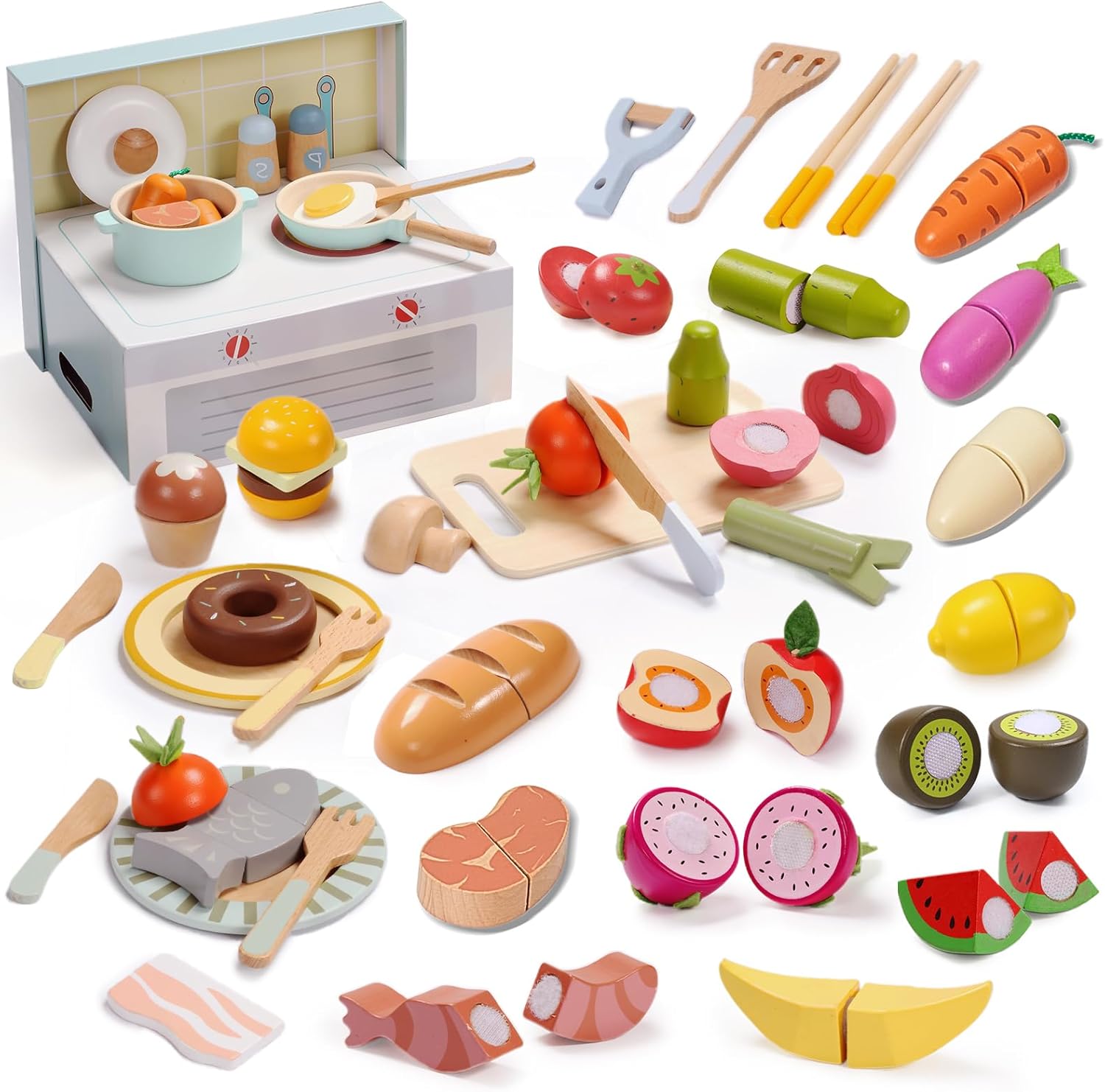 Amazon.co.jp: Giant bean Wooden Food Play Set Pretend Play Kitchen ...