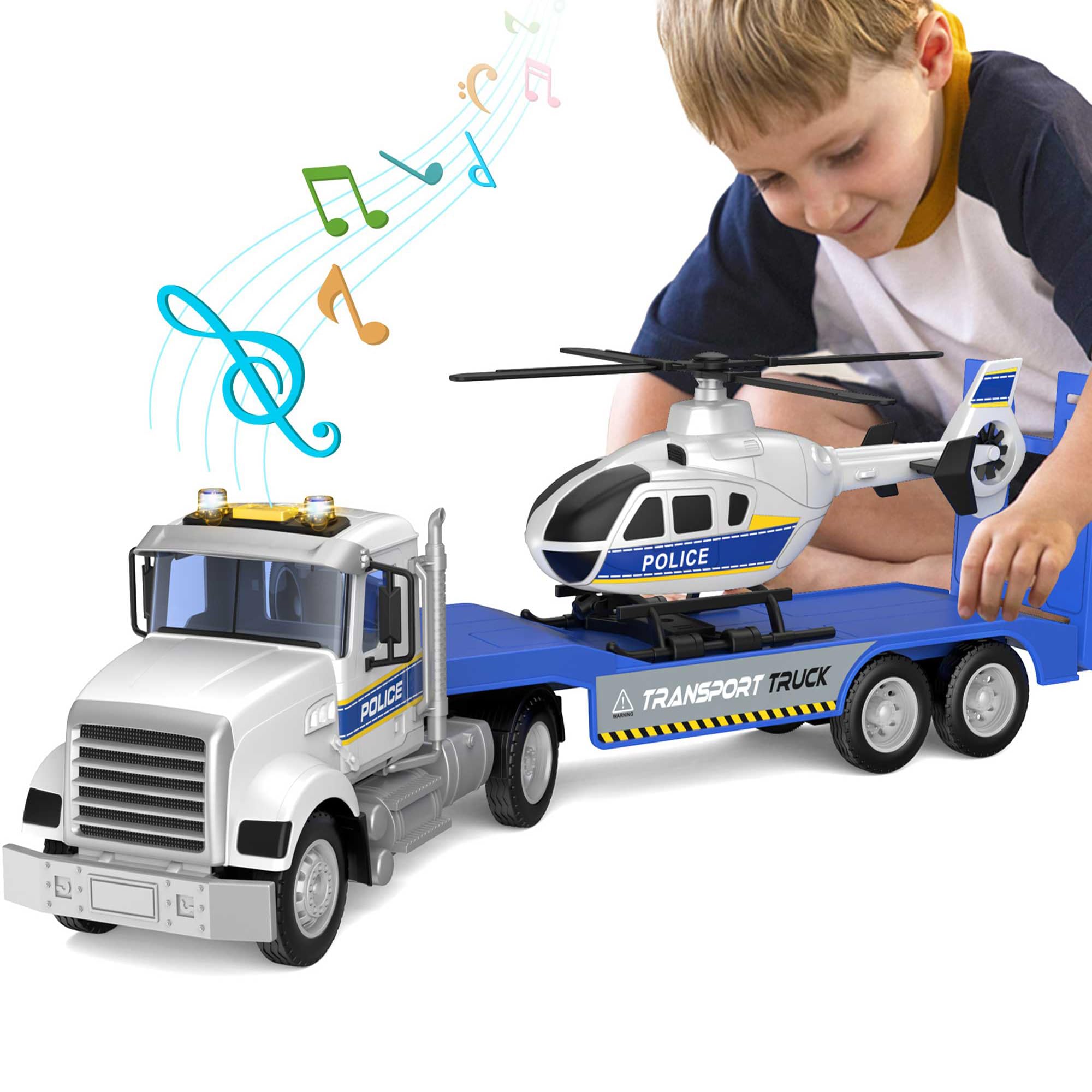 Amazon.com: DOWELLIN 22" Semi Police Truck Toy with Helicopter for Kids ...