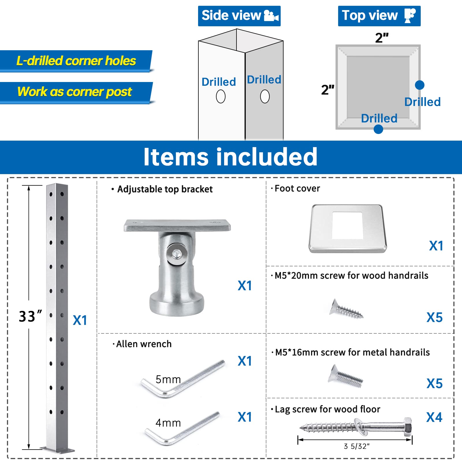 Muzata L-drilled Corner Post 36"x2"x2"(Post Body 33") Adjustable Top ...