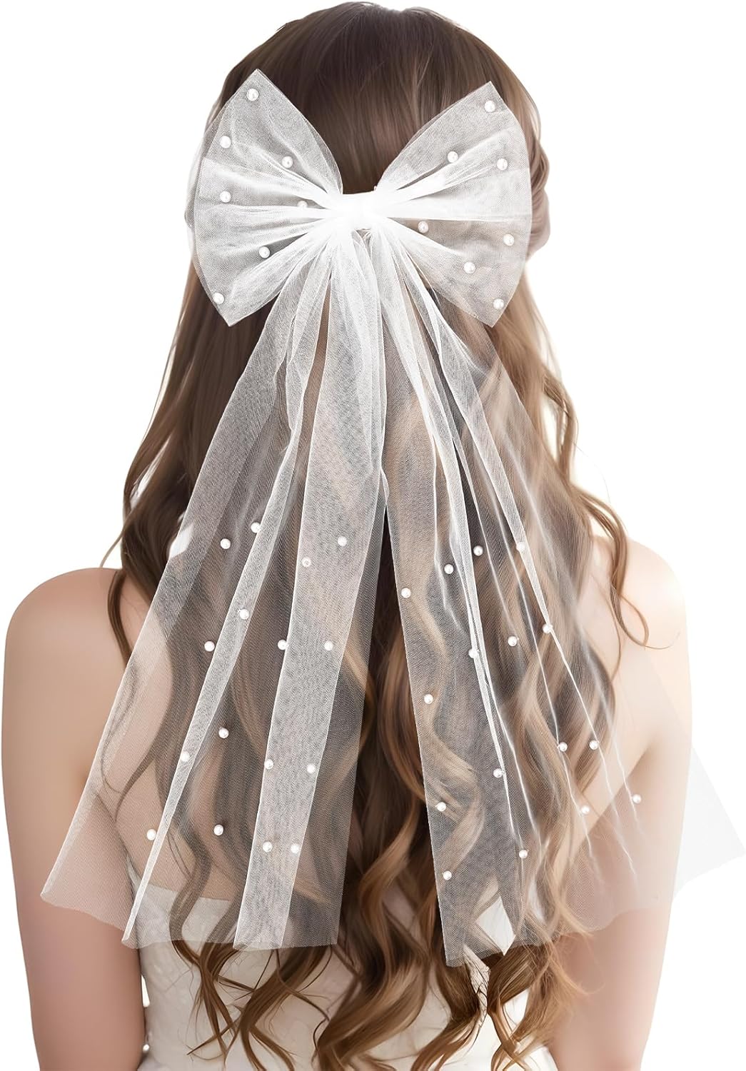 Prasacco Bride Wedding Bow Knot Veil, Pearl Veil Clip White Tulle Bow ...