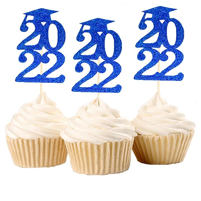 Buy 30 Pack Graduation Cupcake Toppers 2022, Glitter Royal Blue ...