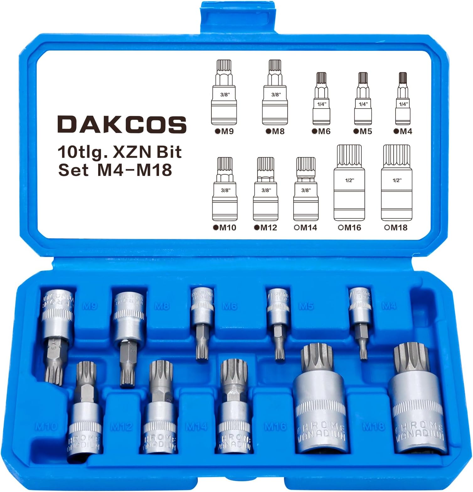 DAKCOS 10pcs XZN Spline Socket Set,M-Type,M4-M18 for 1/2",3/8",1/4 ...