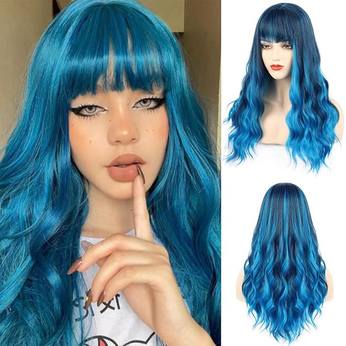 Amazon.com : NAYOO Blue Wig with Bangs Long Wavy Wig with Air Bangs for ...