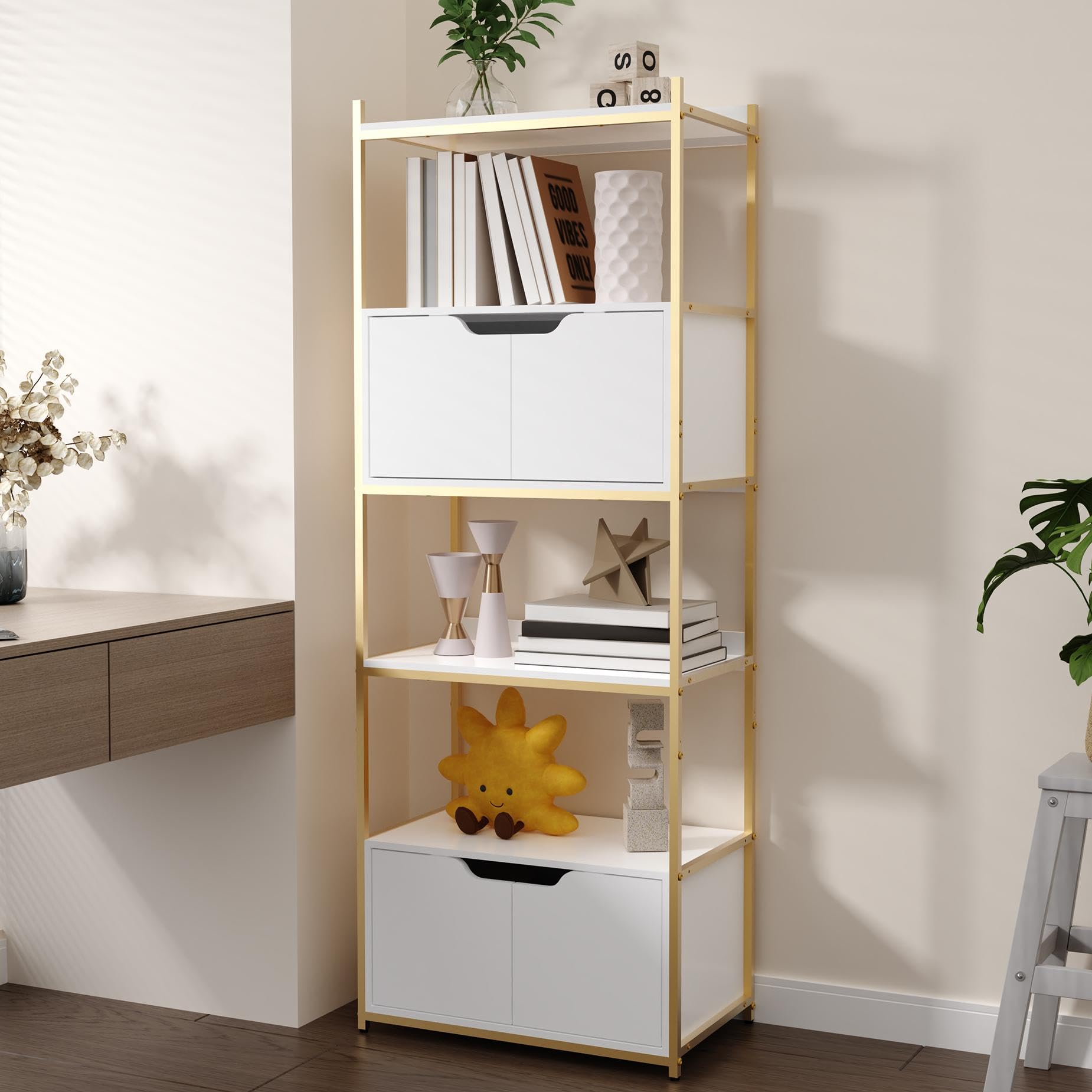 Amazon.com: Housoul 4 Doors Gold Bookshelf, 63" Tall Bookcase with ...