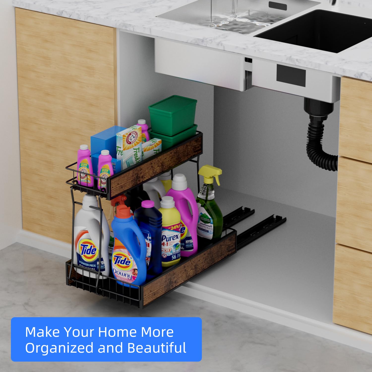 Lxmons 2-Tier Under Sink Slide Out Organizer, Pull Out Cabinet Storage ...