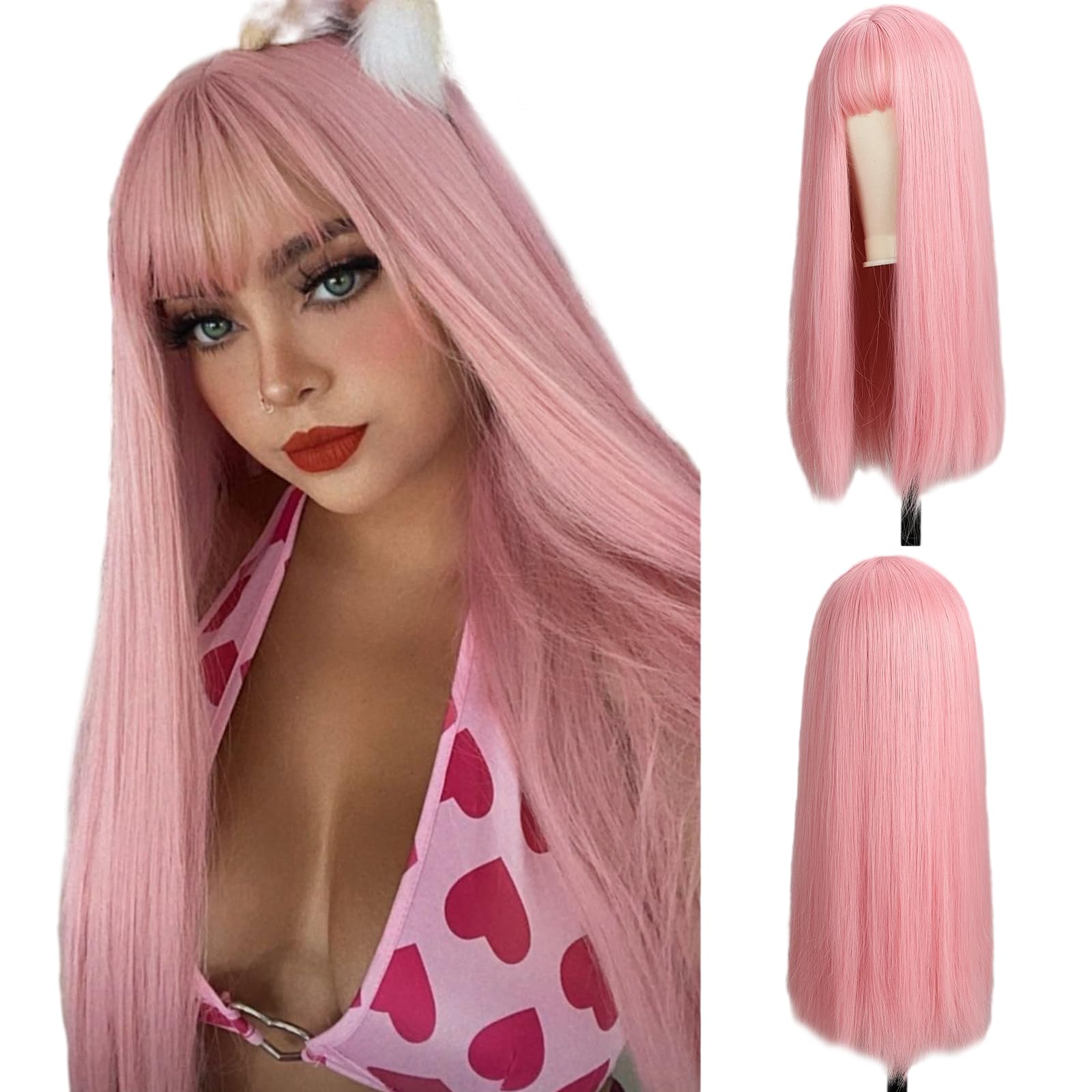 EMMOR Pink Wig With Fringe For Women Long Straight Wigs Synthetic For Girls Party Cosplay And ...