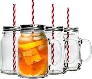 Rink Drink 4 Piece Glass Drinking Jars Set with Lid and Reusable Straw ...