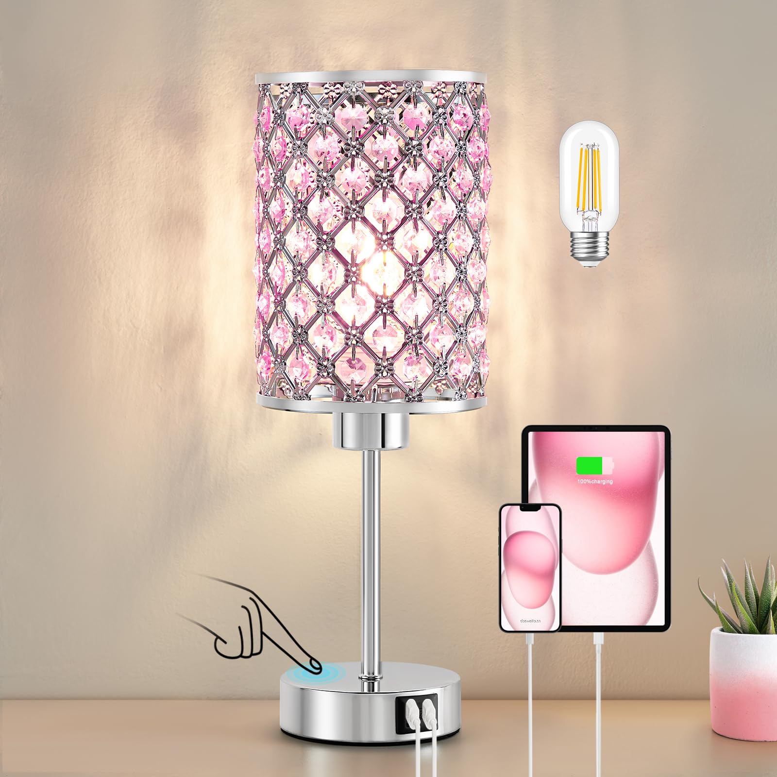 Crystal Table Lamp, Pink Touch Lamp with USB C+A Ports, 3 Way Dimmable ...