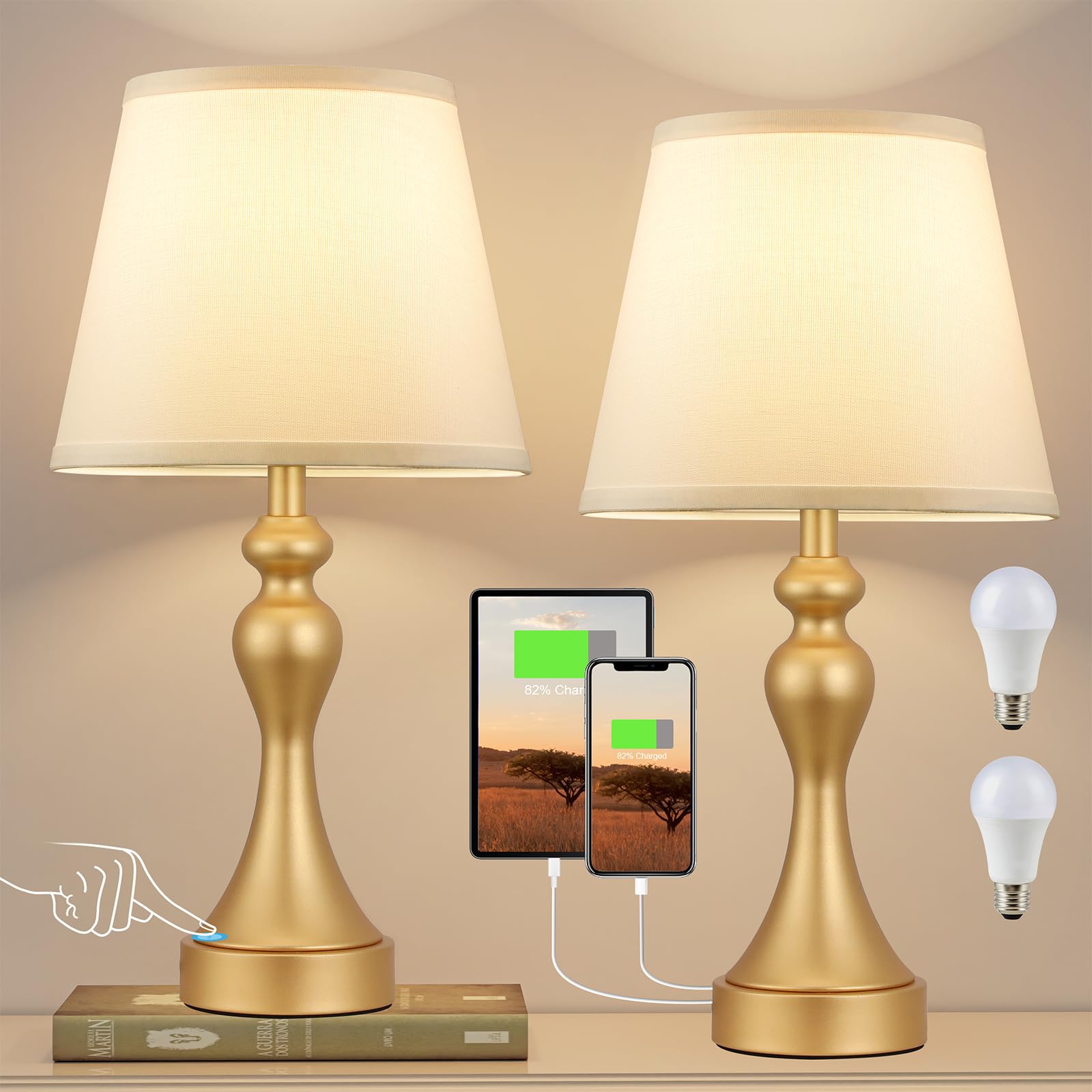 Aooshine Dimmable Bedside Lamps Set of 2, Bedside Lamps with USB A+C ...