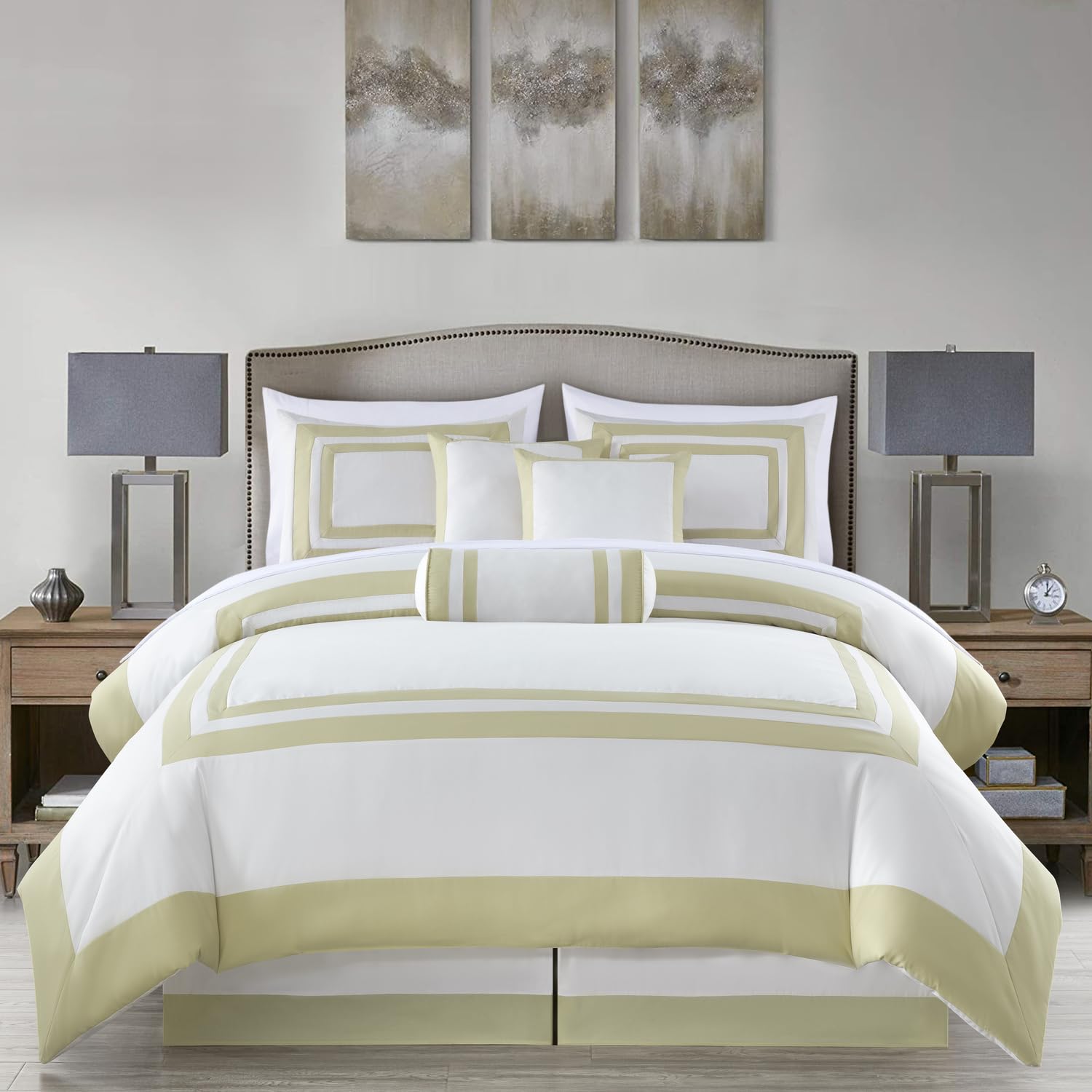 Amazon.com: Chezmoi Collection Caprice King Comforter Set 7-Piece White/Tan Square Pattern Hotel ...