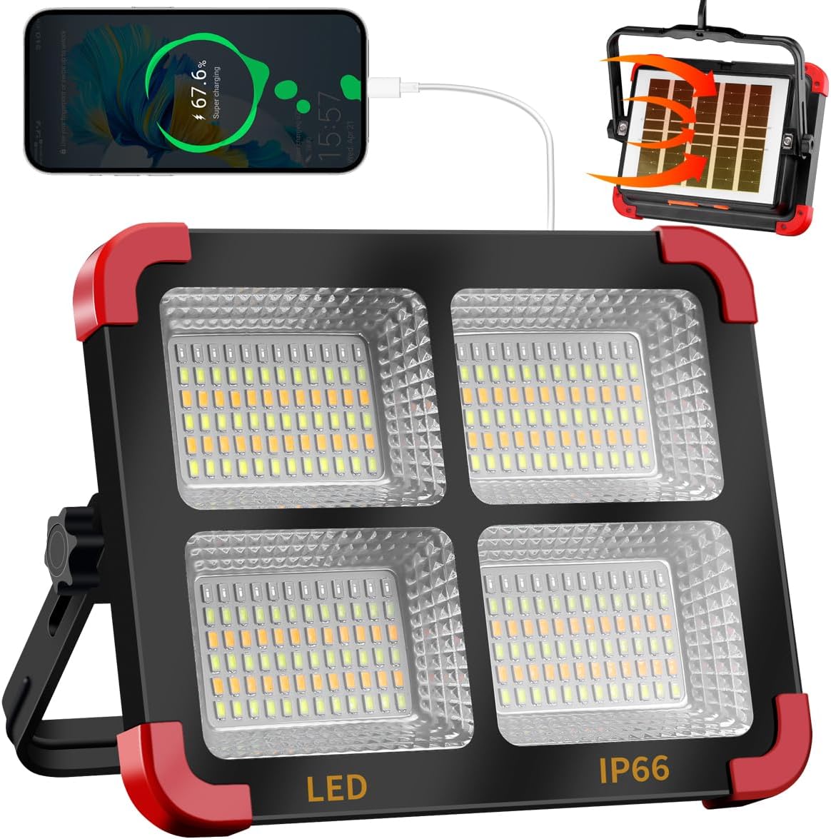 100W 10000LM Solar LED Work Light - IP66 Waterproof Rechargeable Flood ...